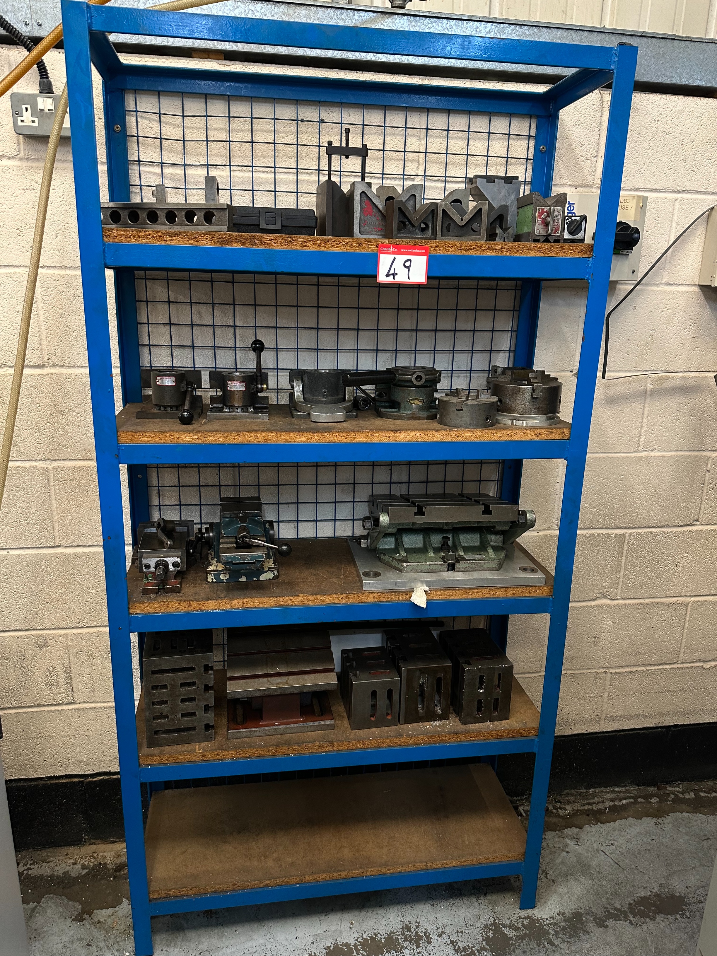 5 Shelf Rack with Various Work Holding equipment including V Blocks ...
