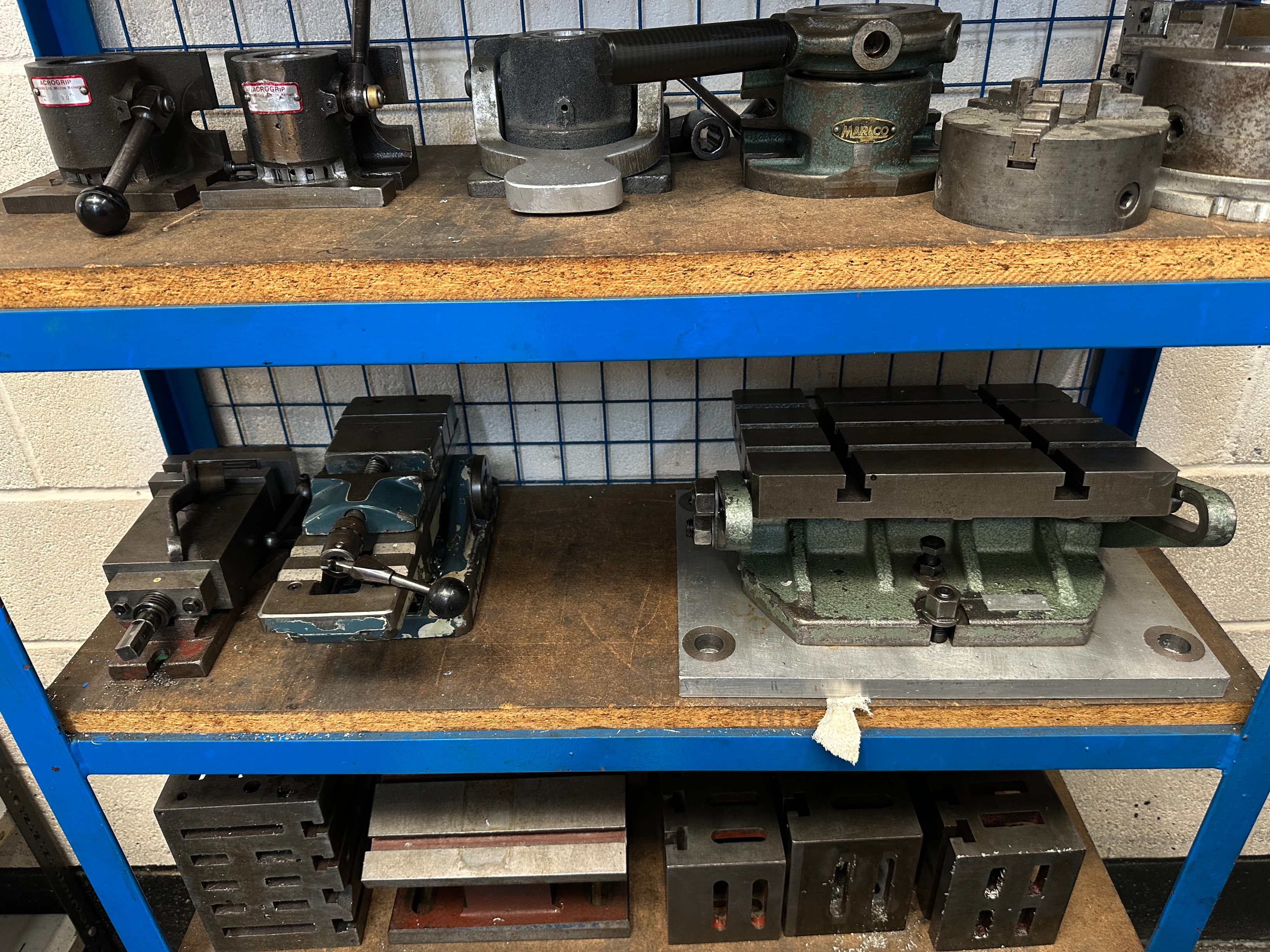 5 Shelf Rack with Various Work Holding equipment including V Blocks ...