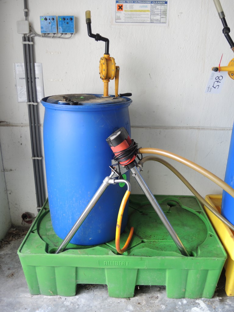 (3) Barrel Pumps, Collection Trays and Barrels