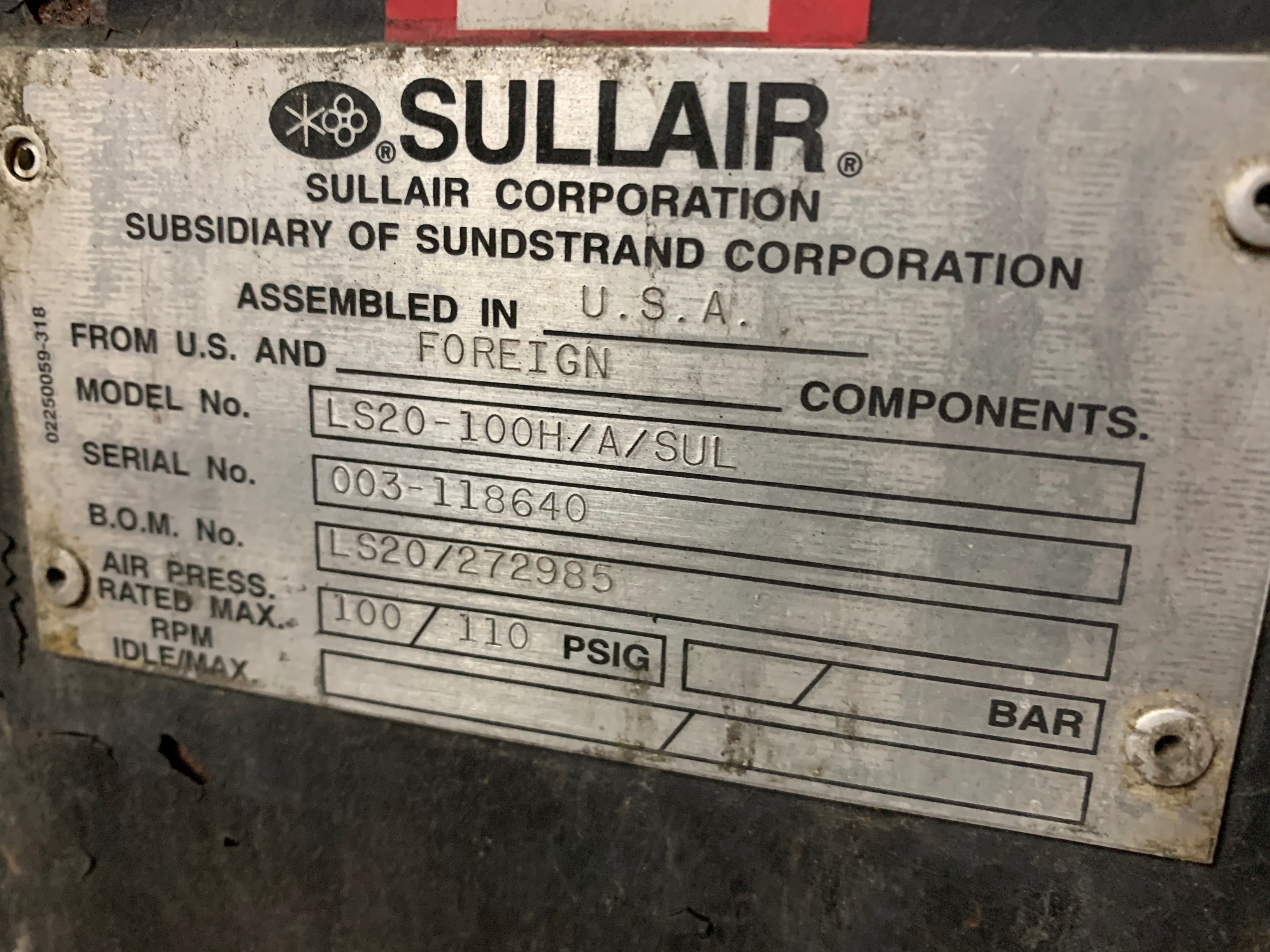 SULLAIR LS-20 100 hp Air Compressors, s/n 100H/A/SUL003118640