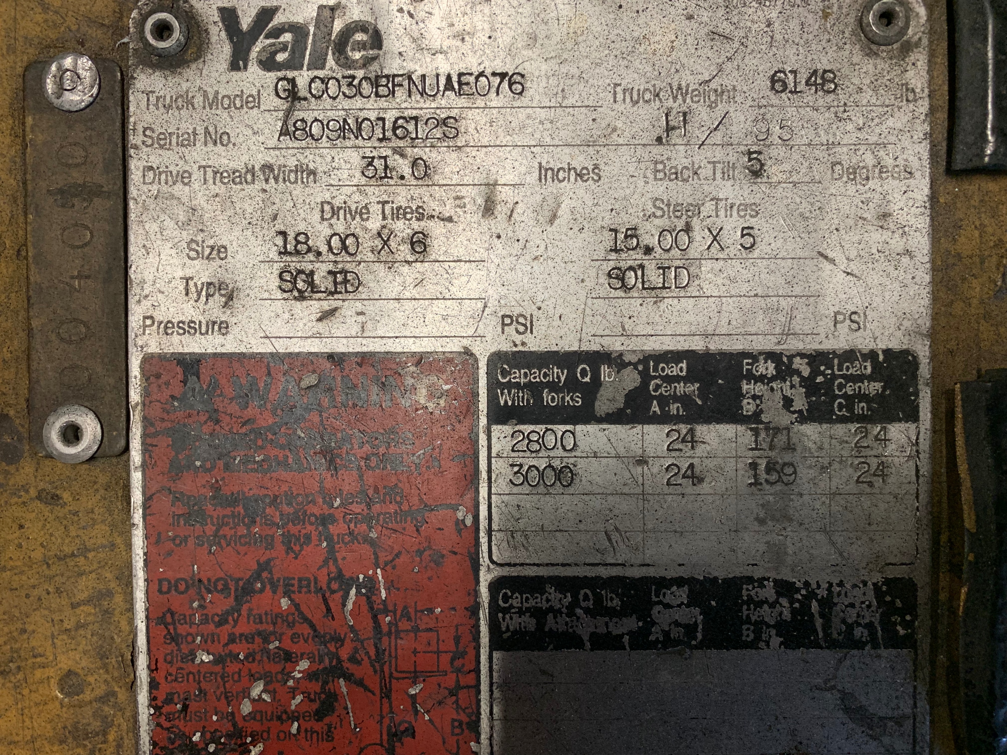 YALE GLC030 3000 LB LP Forklift, s/n A809N01612S