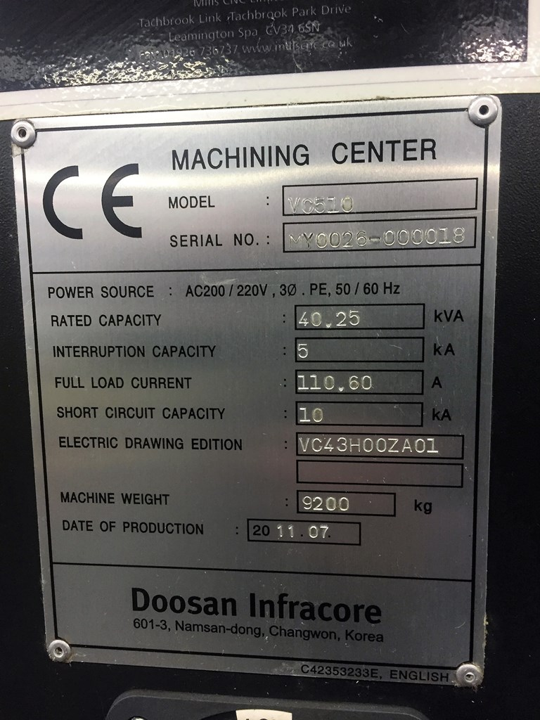 Doosan VC510 3 Axis Twin Pallet Vertical Machining Centre