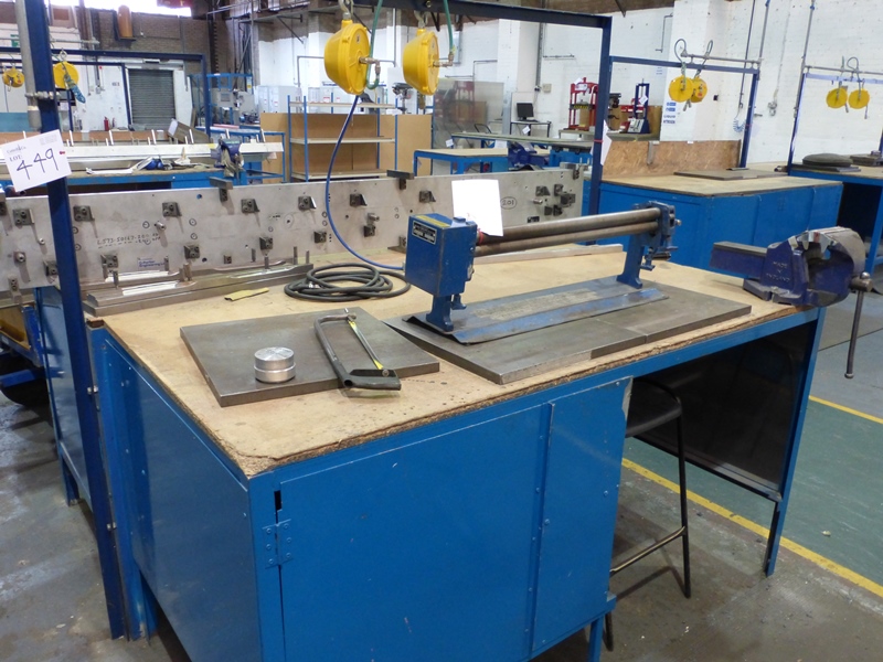 (4) Steel Framed Benches, (3) Vices, and (4) Universal Air Tool Balancers