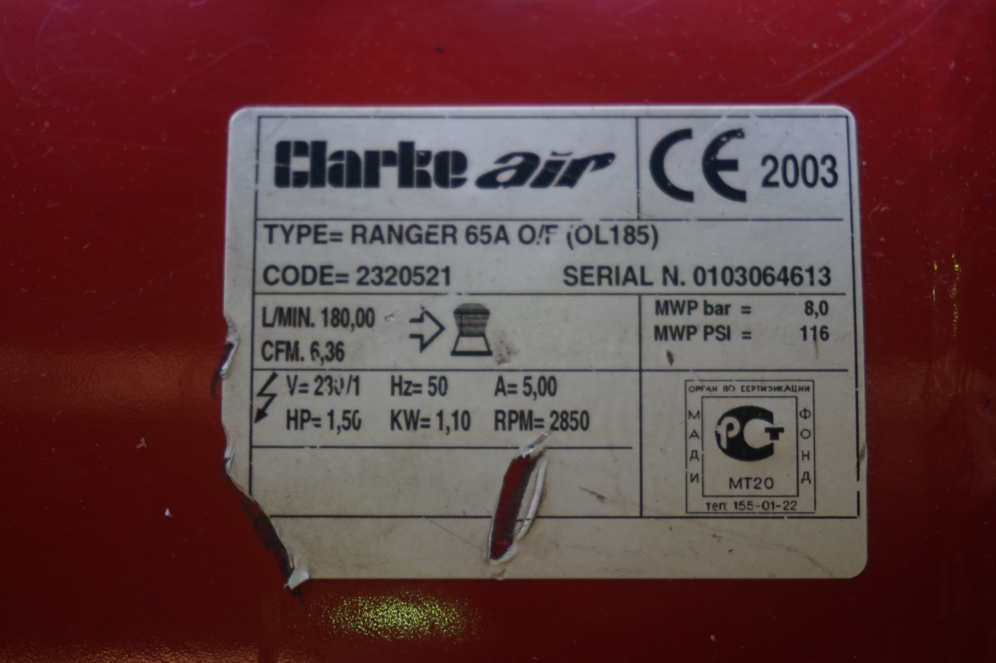 Clarke Ranger 65A 0/F Compressor