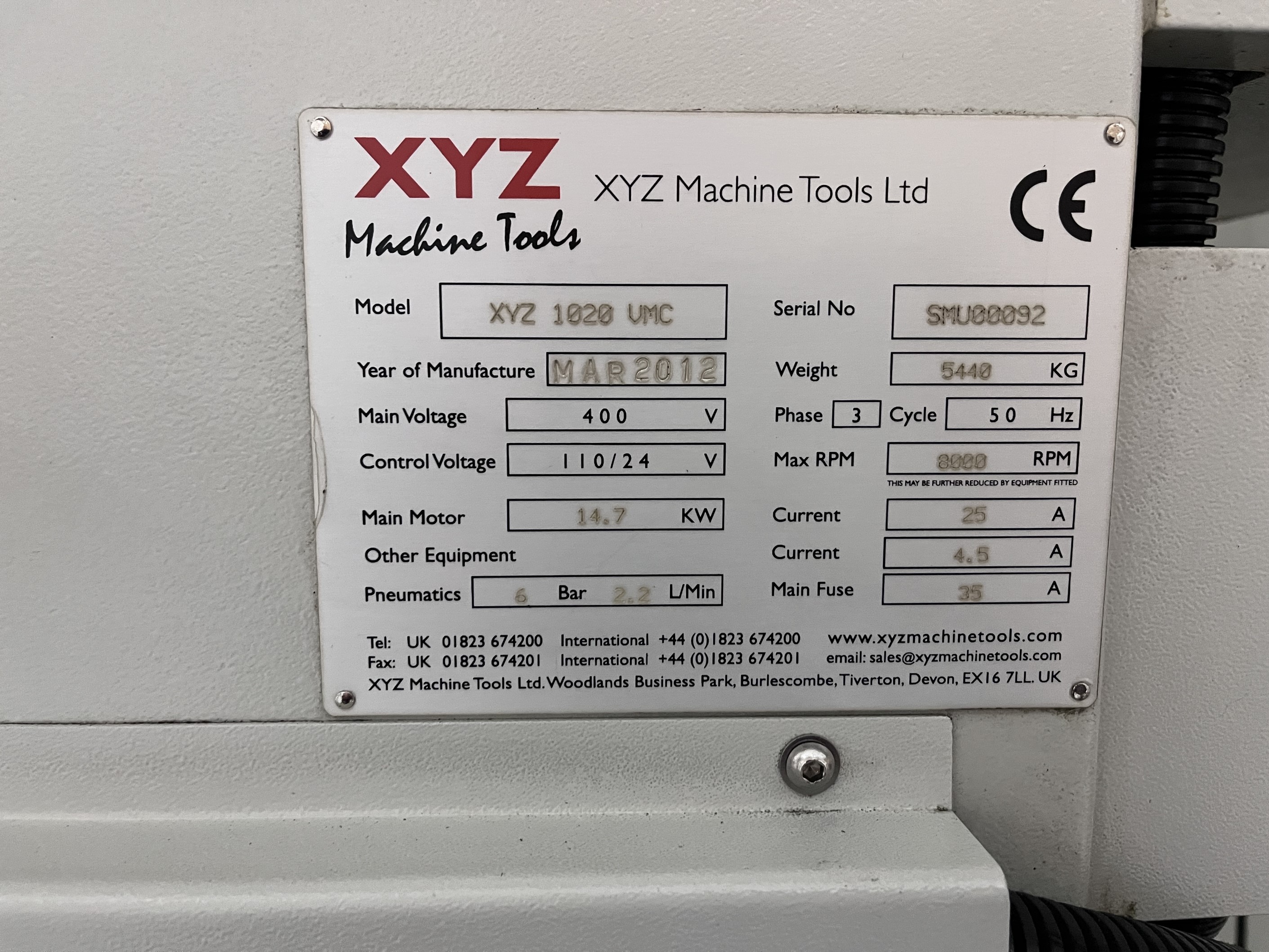 XYZ 1020 VMC Vertical Machining Centre (2012)